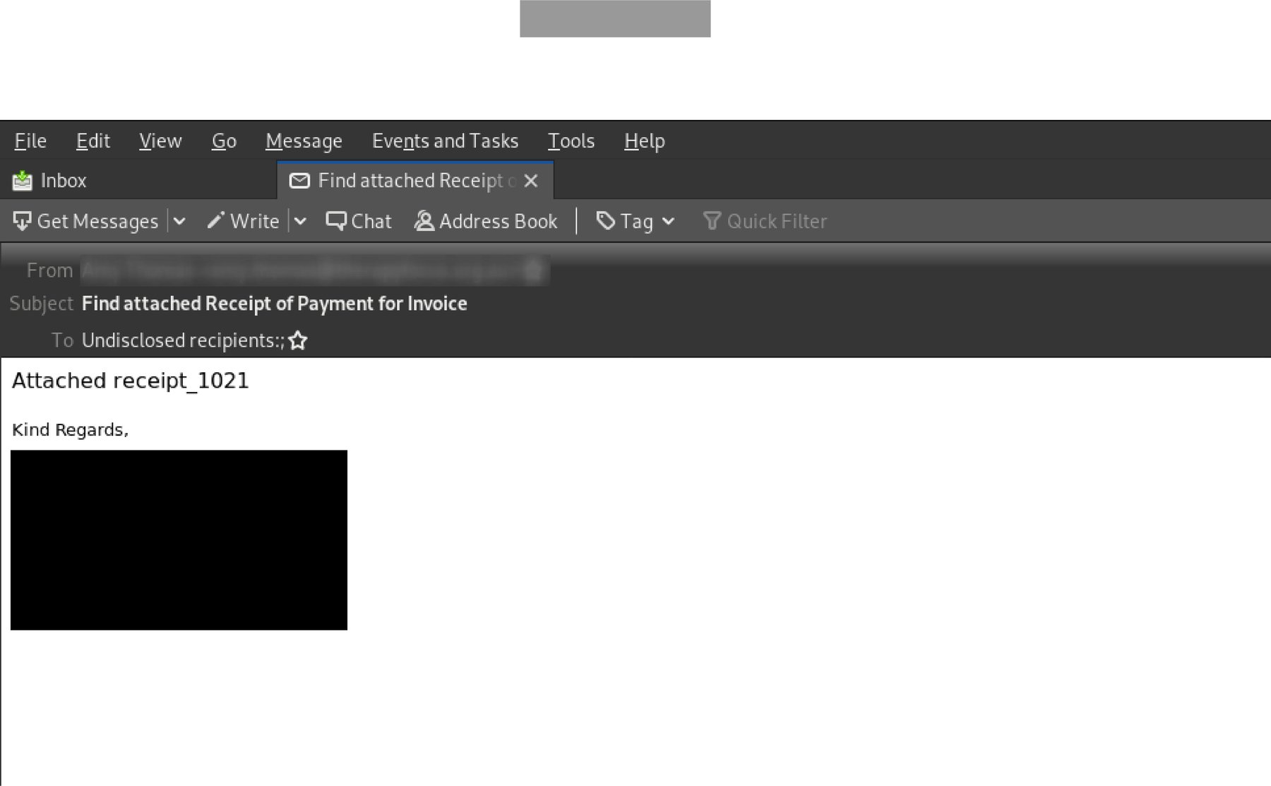 Plain-text email contains multi-staged phishing invoice scam
