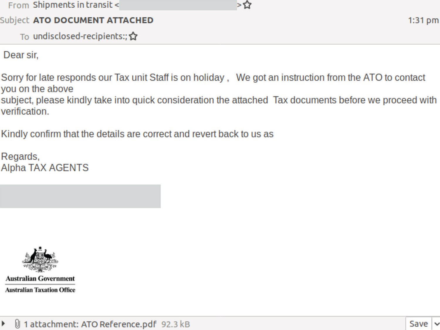 ATO spoofed in new phishing email scam