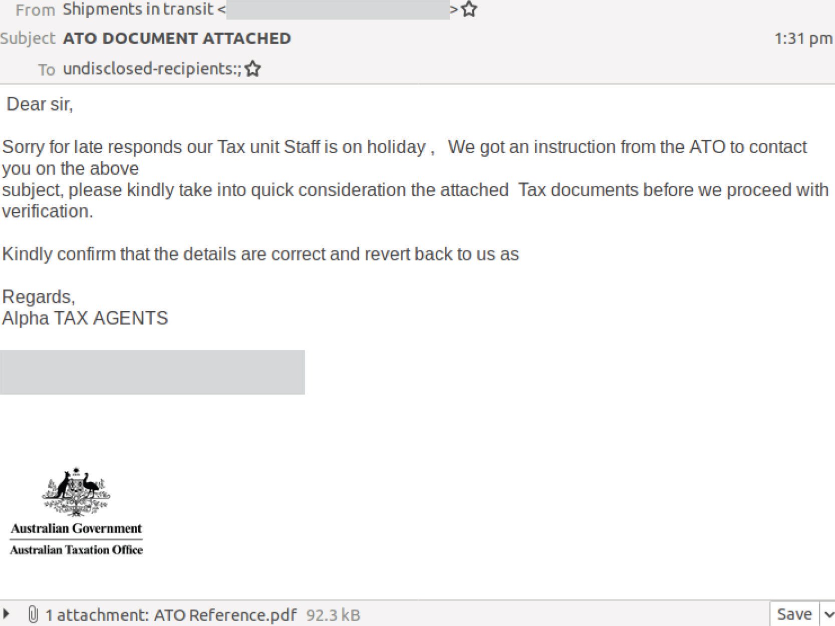 ATO spoofed in new phishing email scam