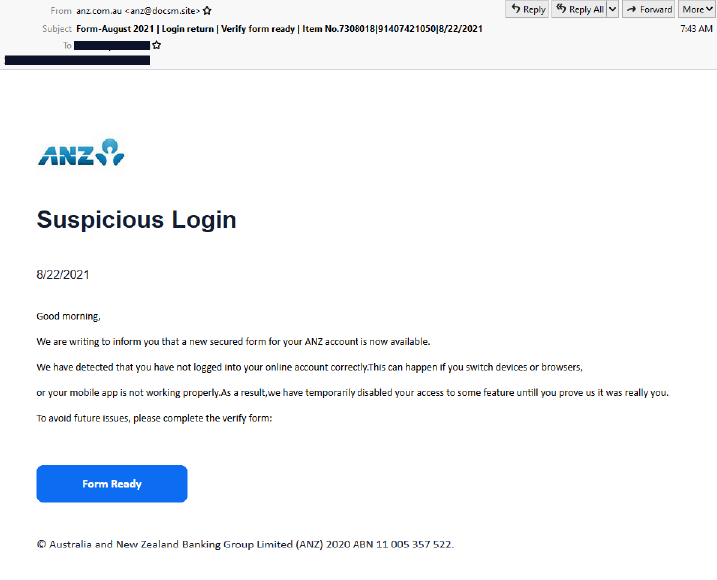 'Suspicious Login' Phishing Email Purports to be from ANZ