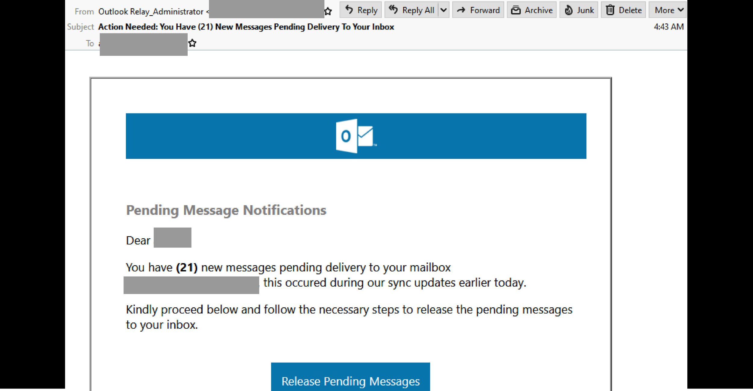Don't click: Phishing email claiming you have “pending messages” leads to fake Microsoft Outlook ...