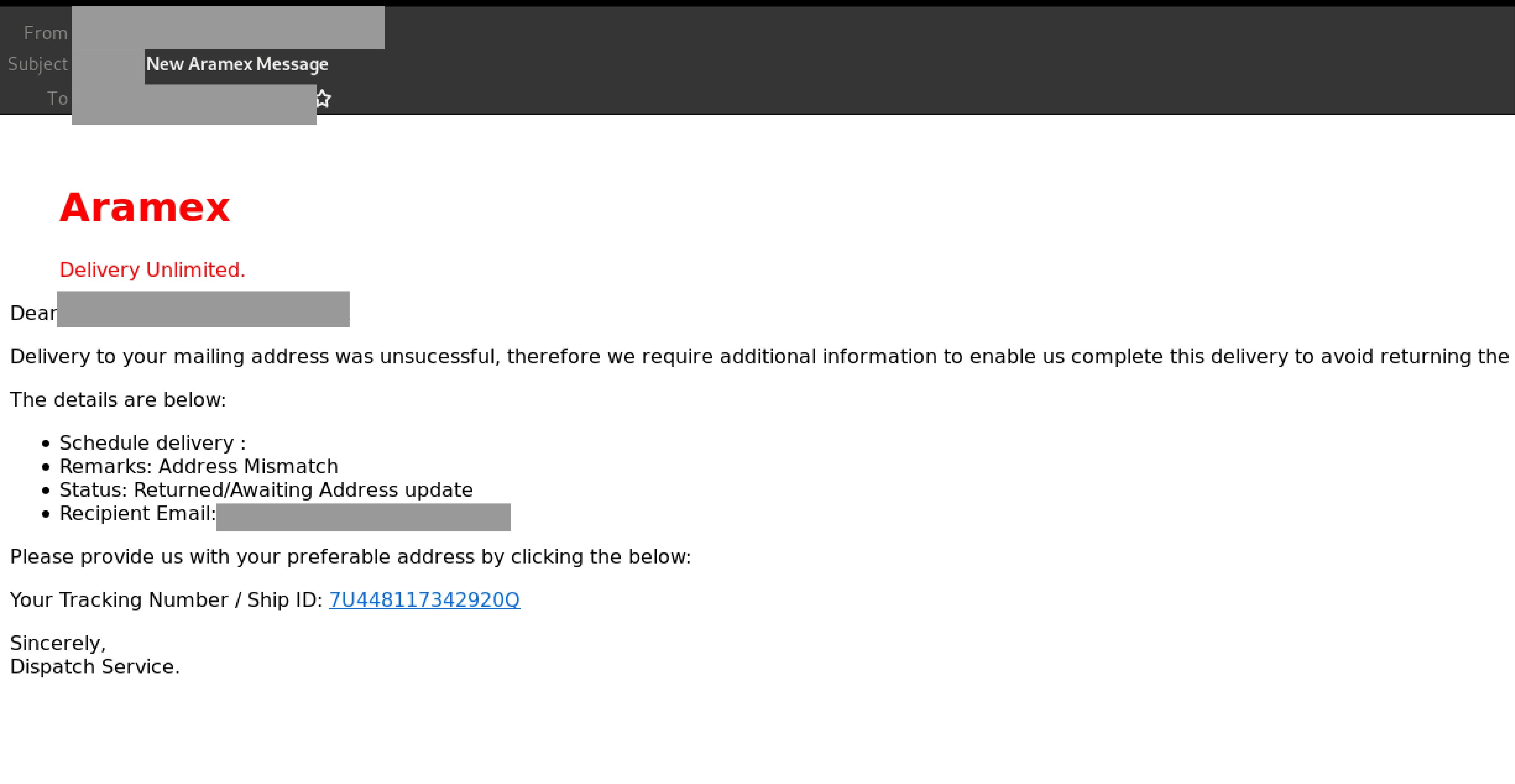Parcel delivery email scam spoofs Aramex, claims delivery was ‘unsucessful’