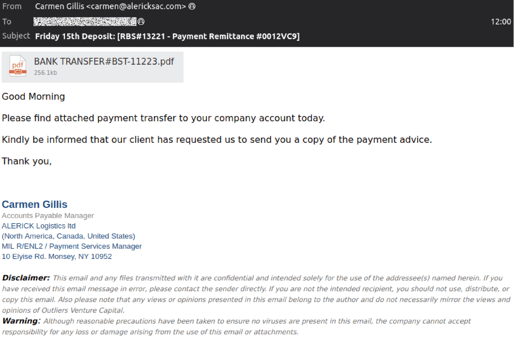 Payment remittance phishing email steals Microsoft 365 logins