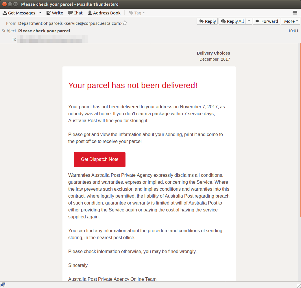Xmas Parcel Scam - Fake Aust Post Email