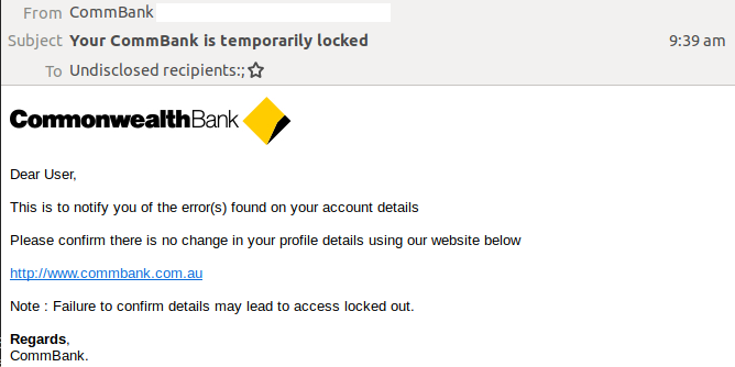 CommBank brandjacked in phishing email scam