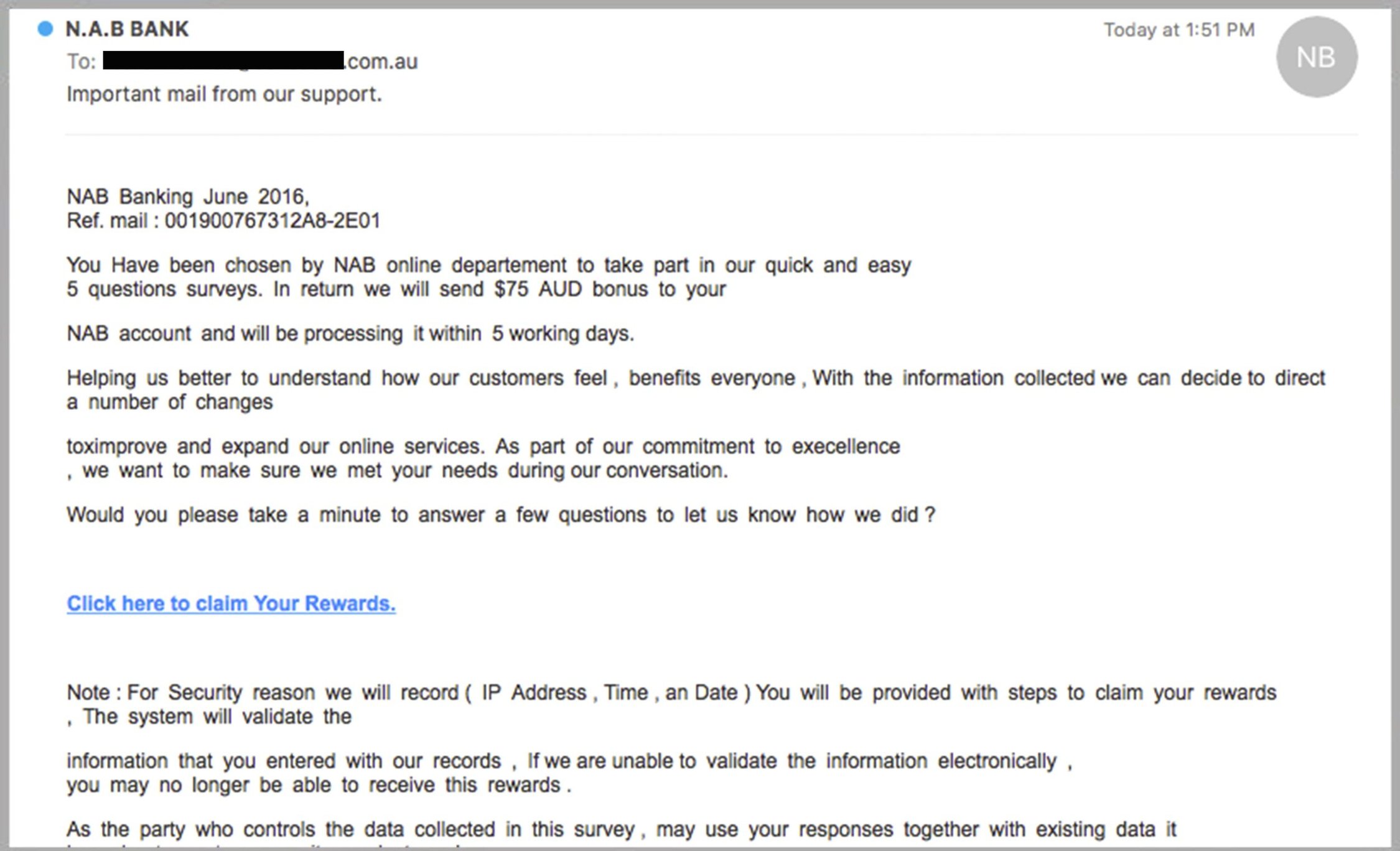 NAB Survey Scam Tricks Customers To Steal Credit Card Credentials