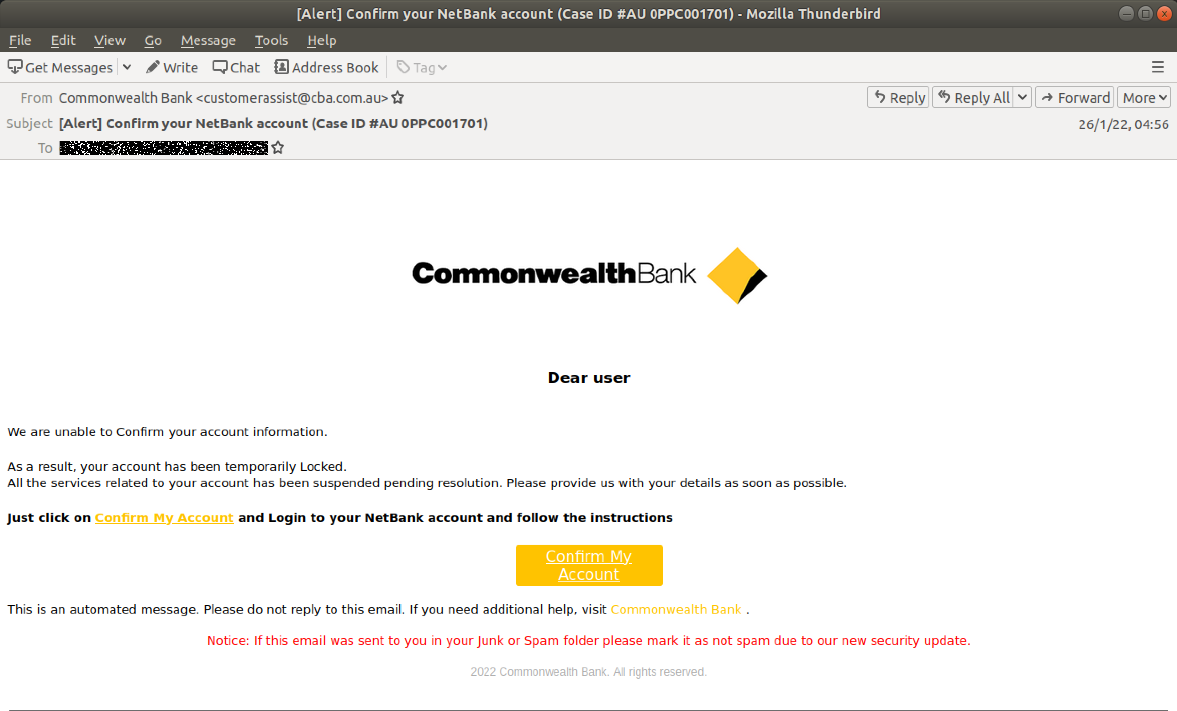 CBA Customers, New Phishing Email Scam Warns ‘Account Suspension’