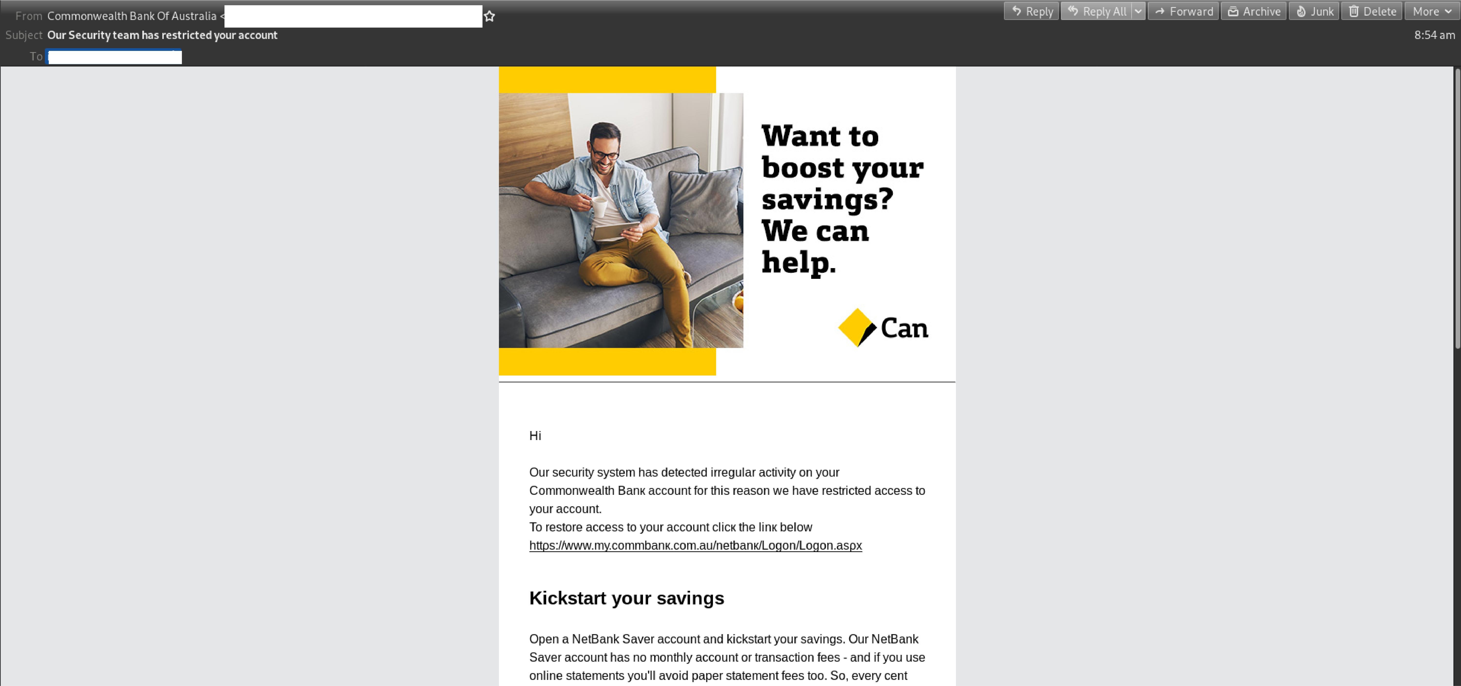 Phishing email spoofing Commonwealth Bank uses multi-factor ...