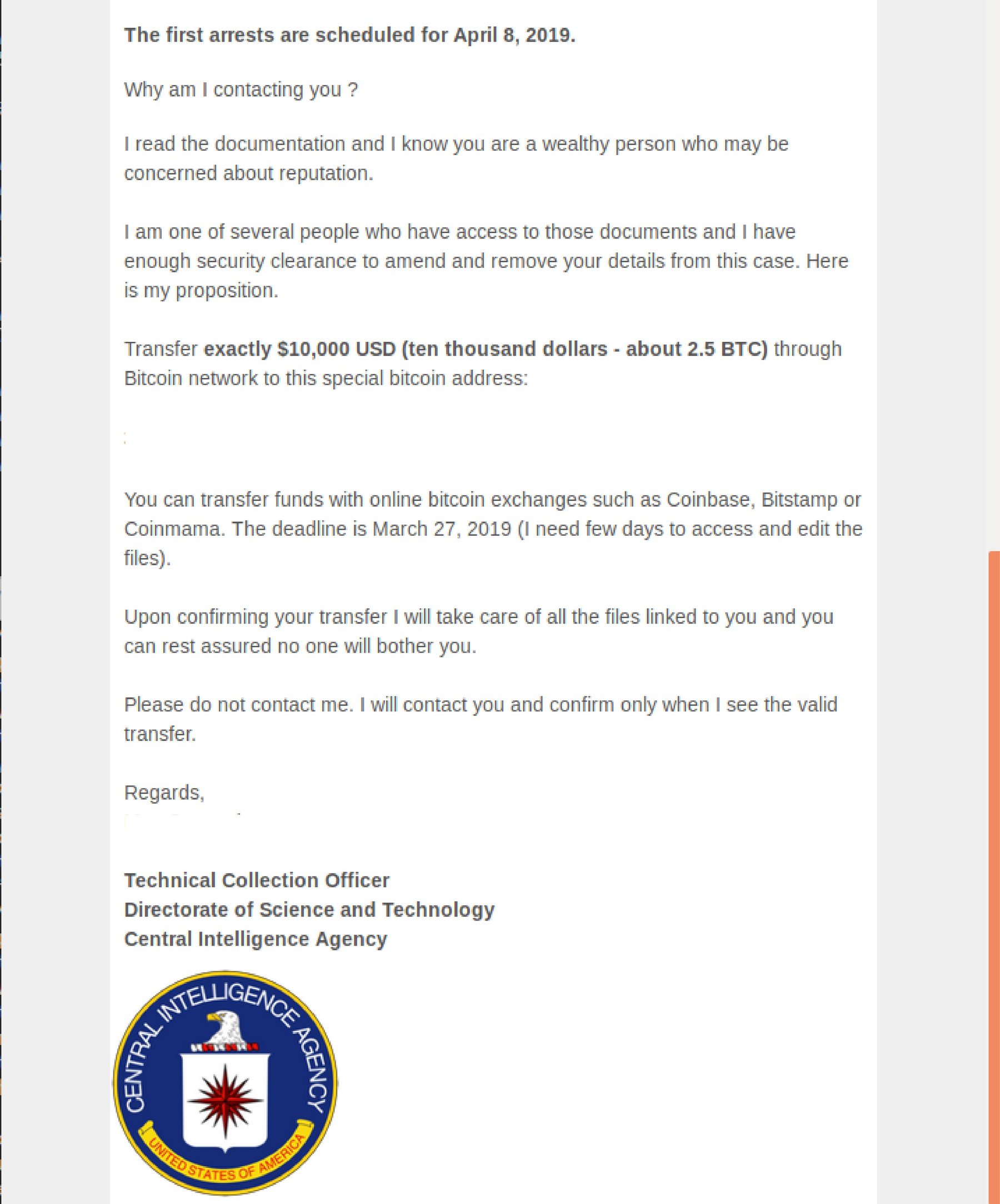 Extortion phishing email spoofs CIA; demands Bitcoin payment