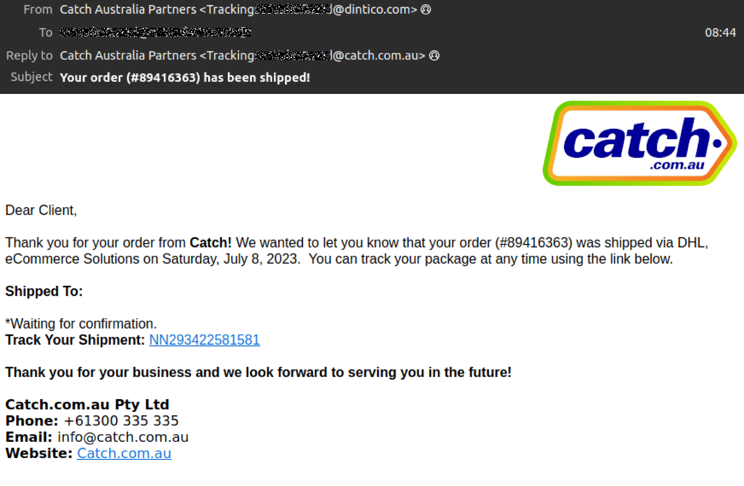 Be Alert for Phishy Catch.com.au Order Shipping Emails