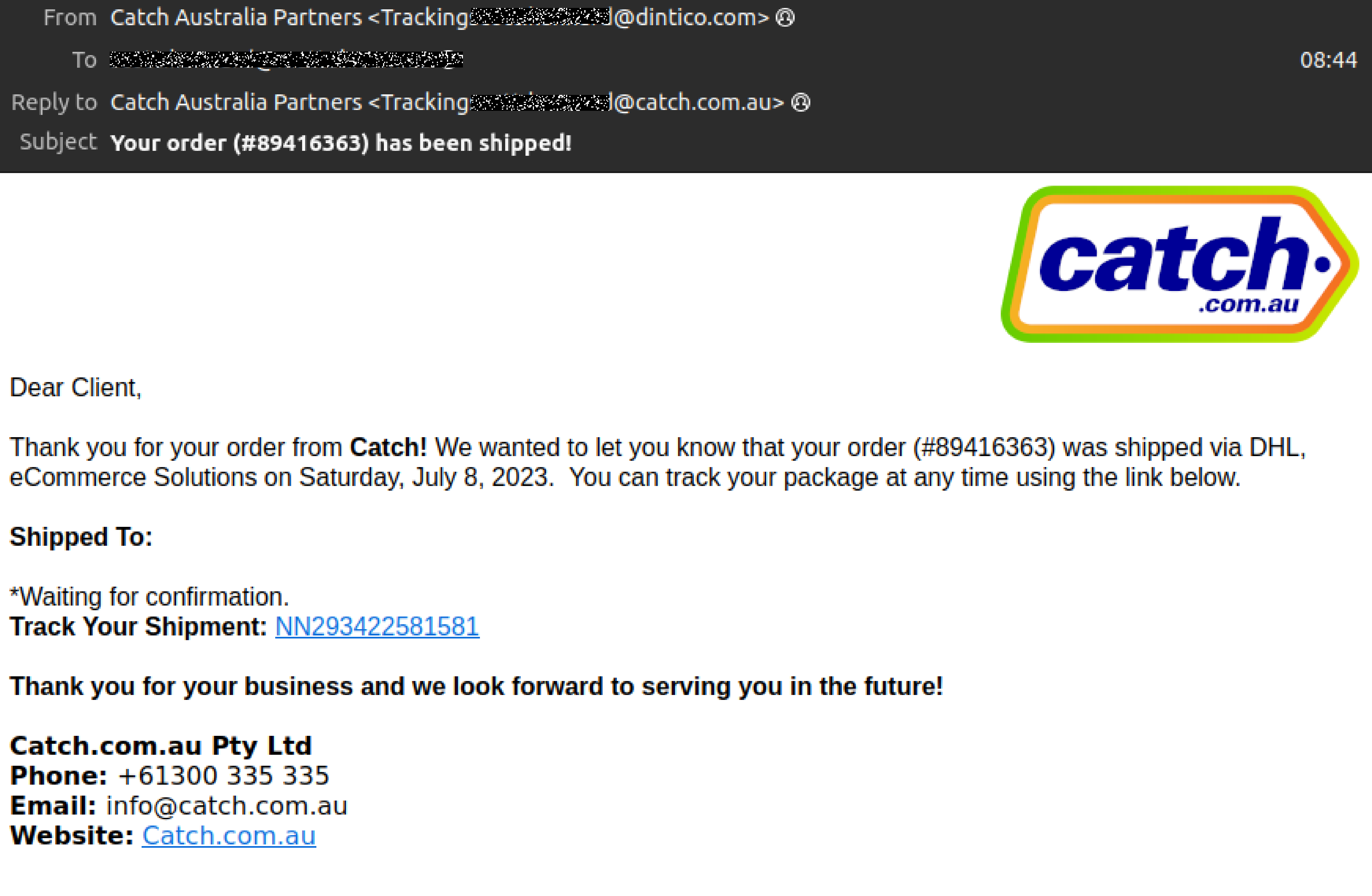 Be Alert for Phishy Catch.com.au Order Shipping Emails