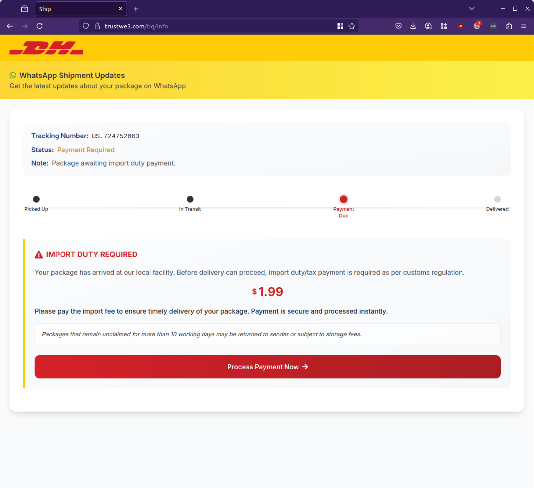 DHL-branded phishing scam prompts ‘Confirm Delivery Address’
