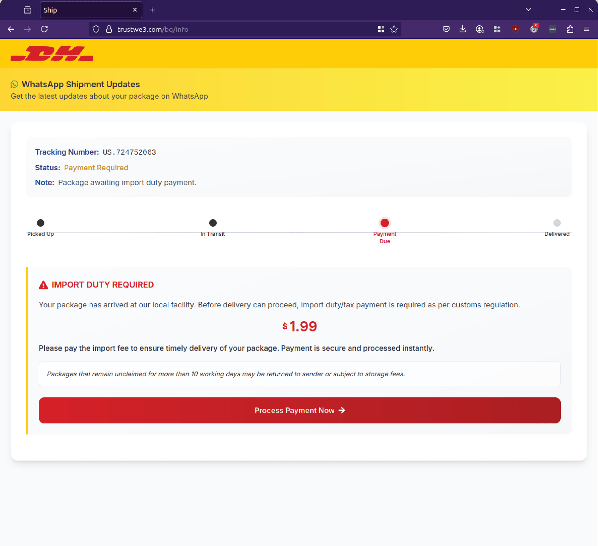 DHL-branded phishing scam prompts ‘Confirm Delivery Address’