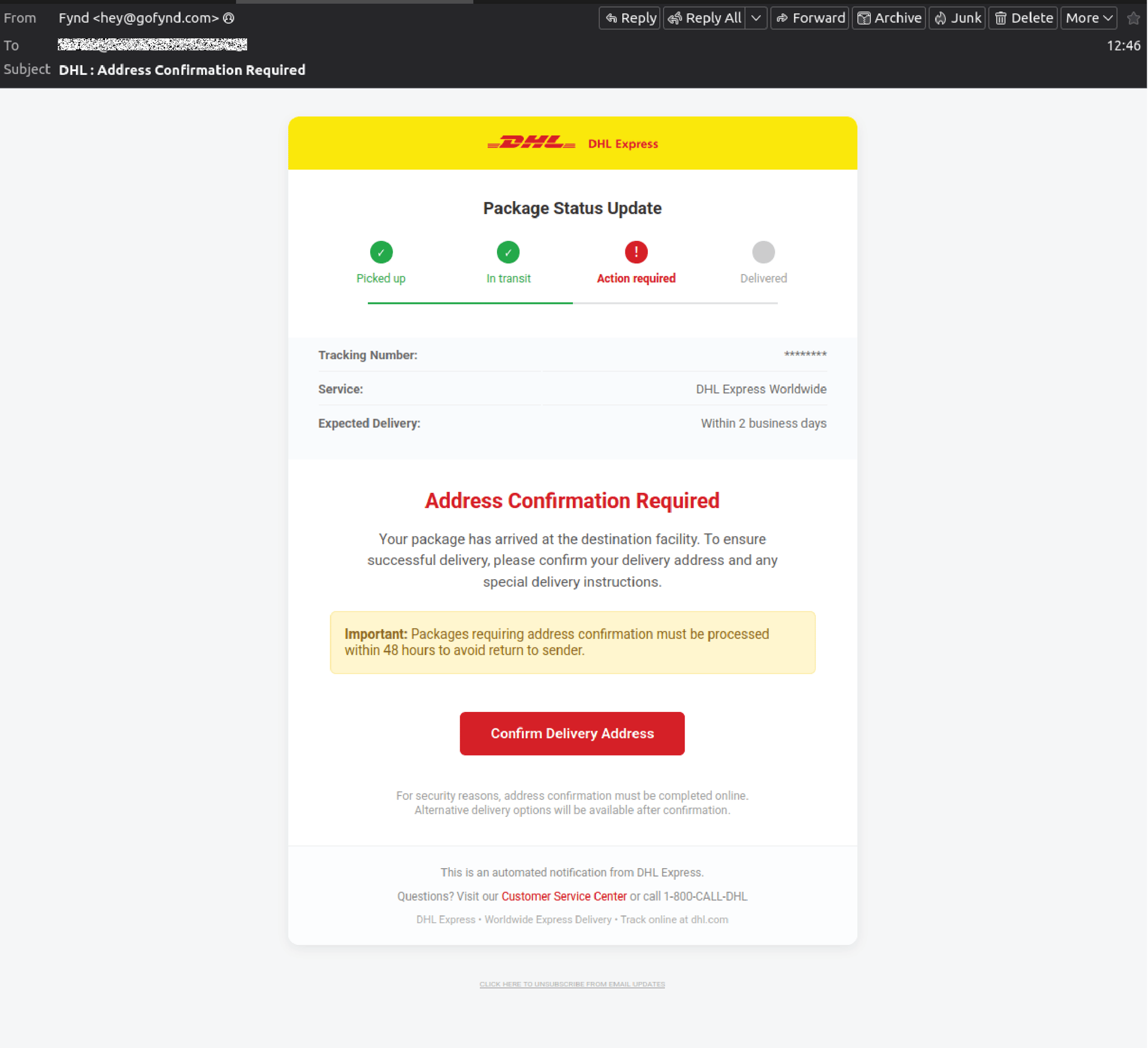 DHL-branded phishing scam prompts ‘Confirm Delivery Address’