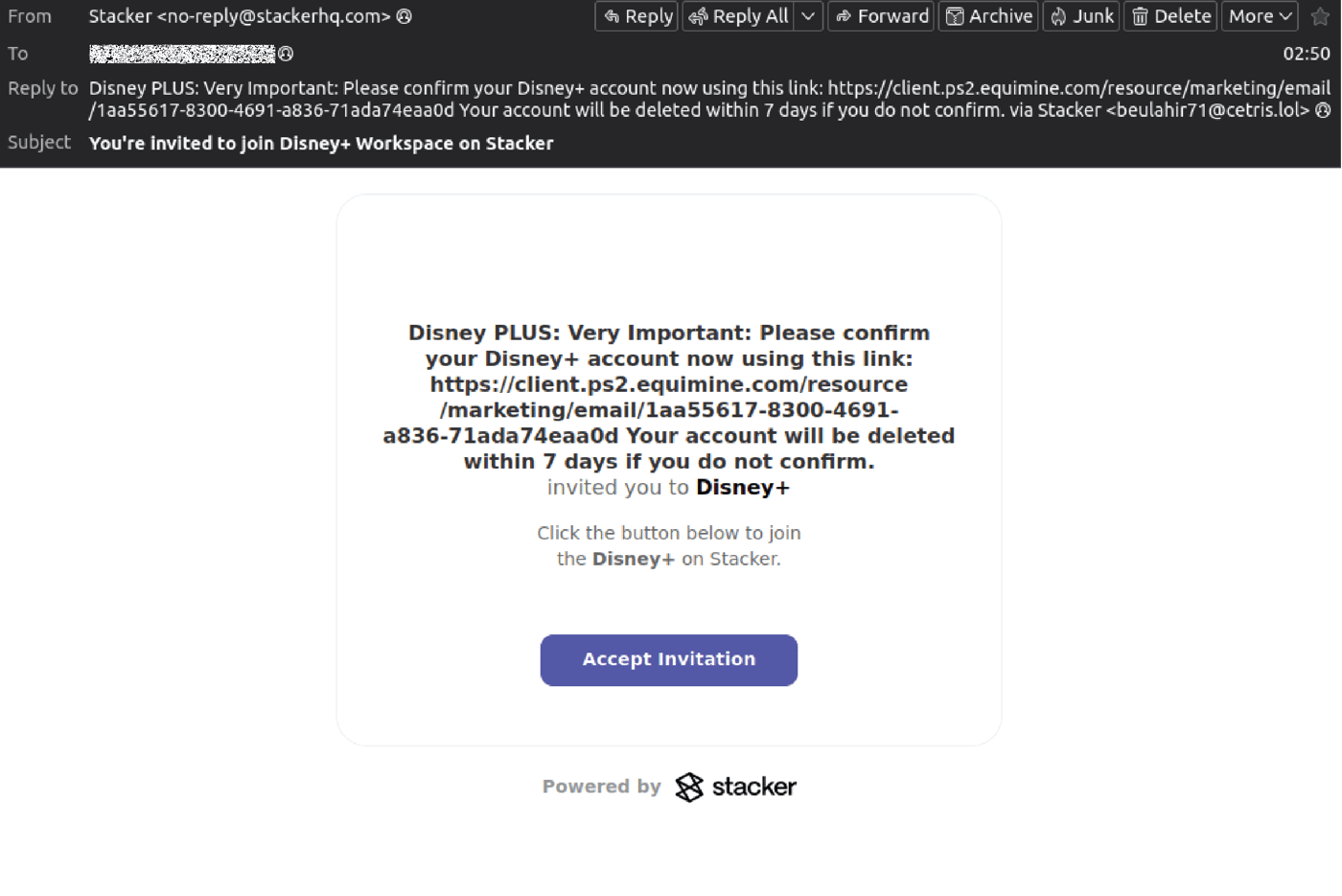 Stacker ‘Disney+ Workspace’ Phishing Email Hits Inboxes