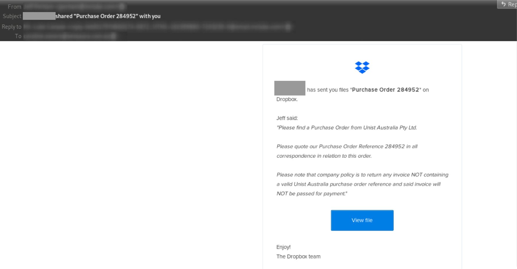 Caution: 'Purchase order' email contains malicious link