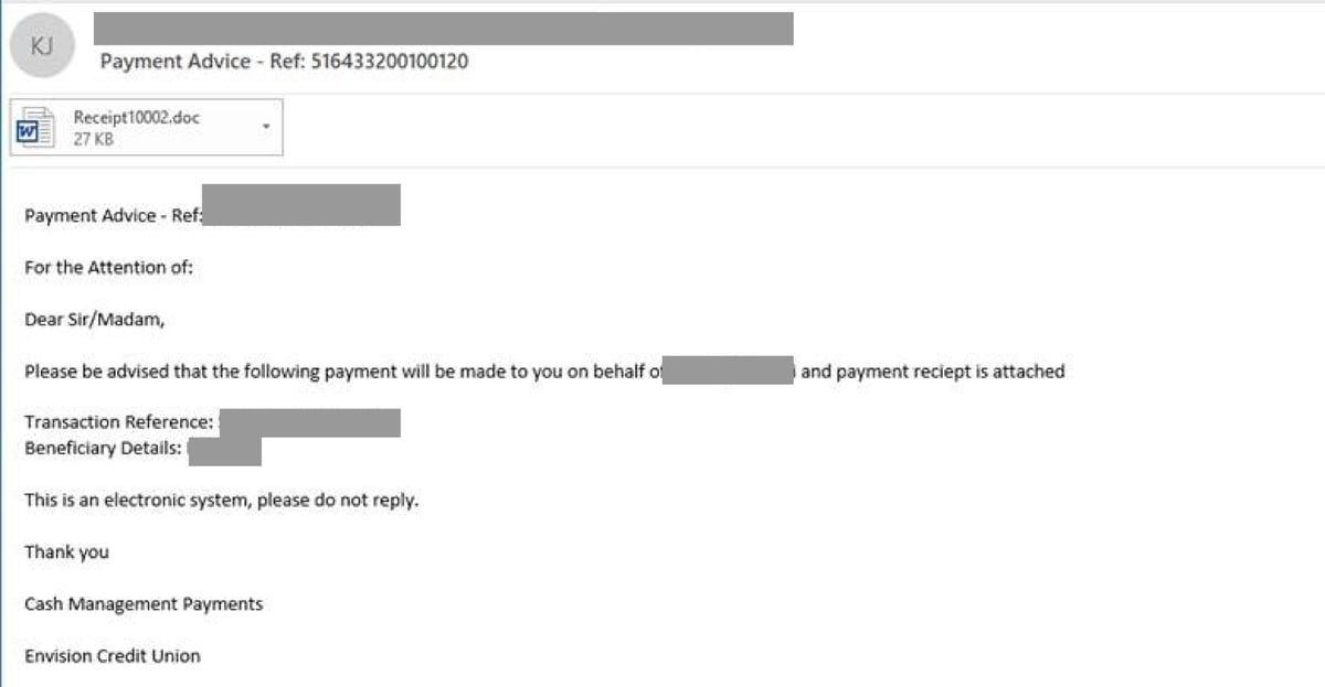 Payment advice email is actually a phishing scam