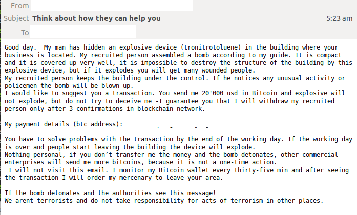 Warning: Bomb/physical assault threats delivered via extortion phishing ...