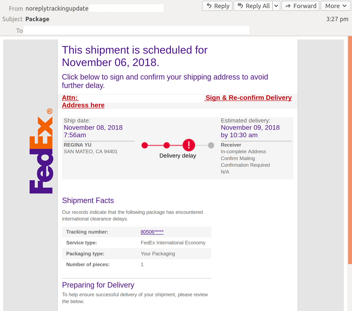 Phishing attack delivered via fraudulent FedEx notification