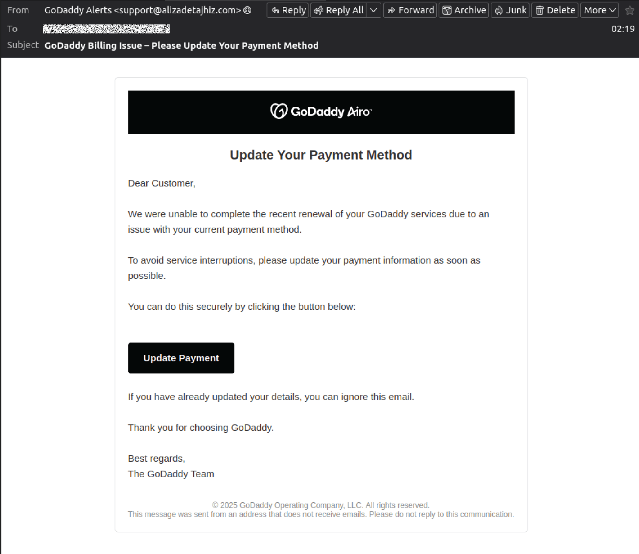 Phishing Scam Spoofs GoDaddy Billing Alert