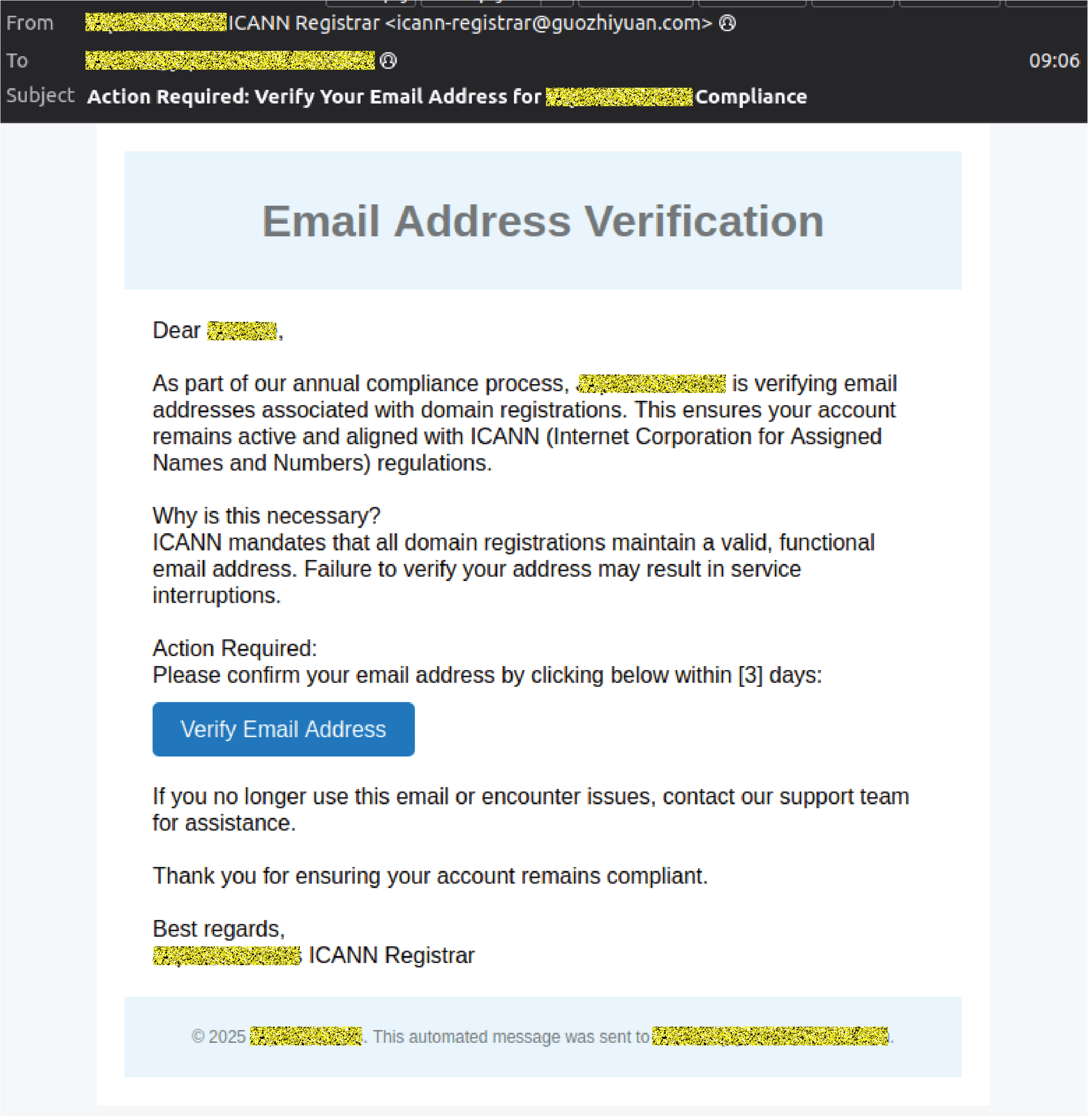 Fake “ICANN Registrar” email masquerades as compliance notice