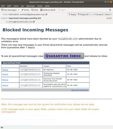 Tricky Scam Email Warns of “Blocked Incoming Messages”