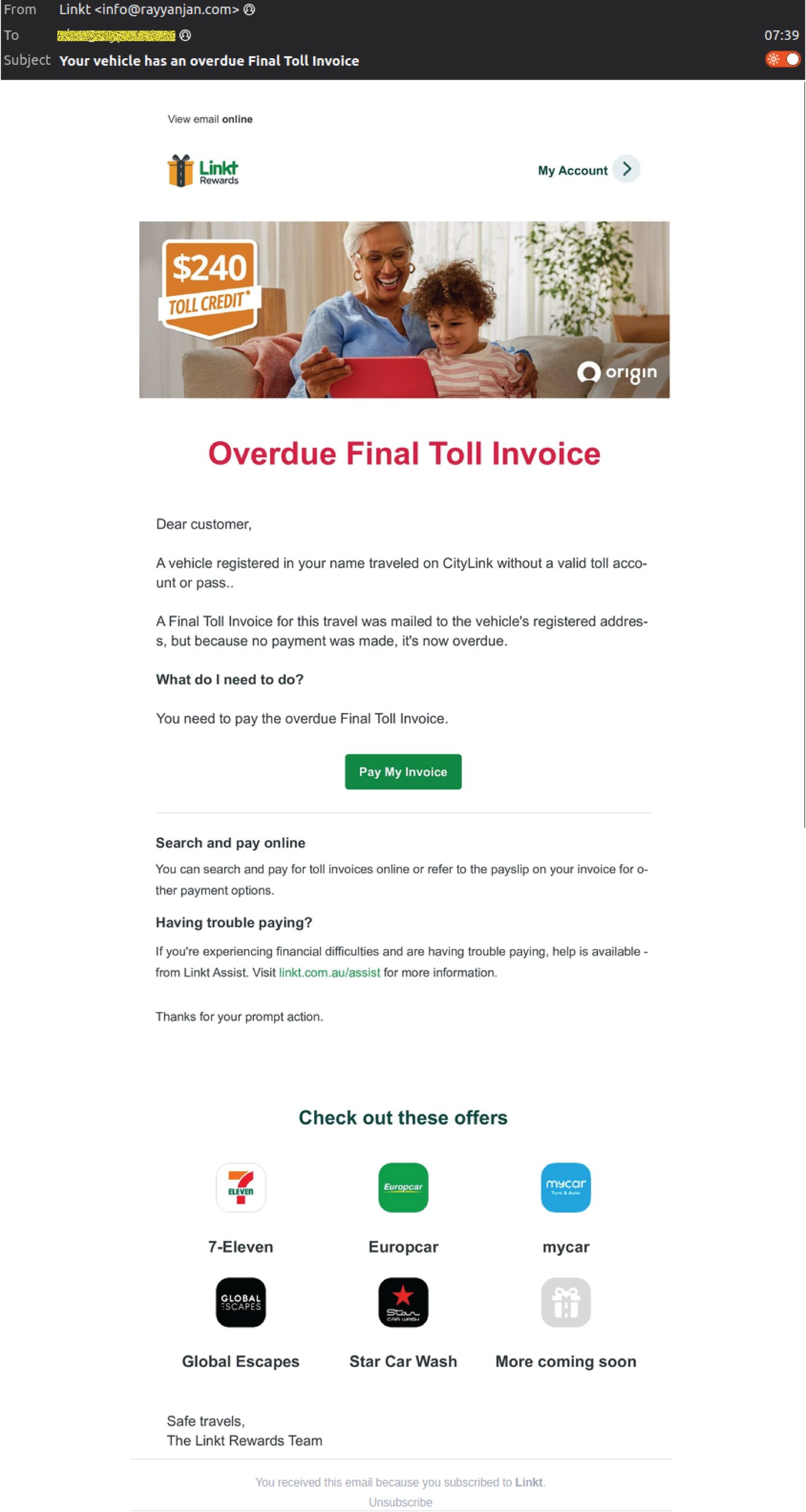 Linkt “Overdue Final Toll Invoice” phishing scam