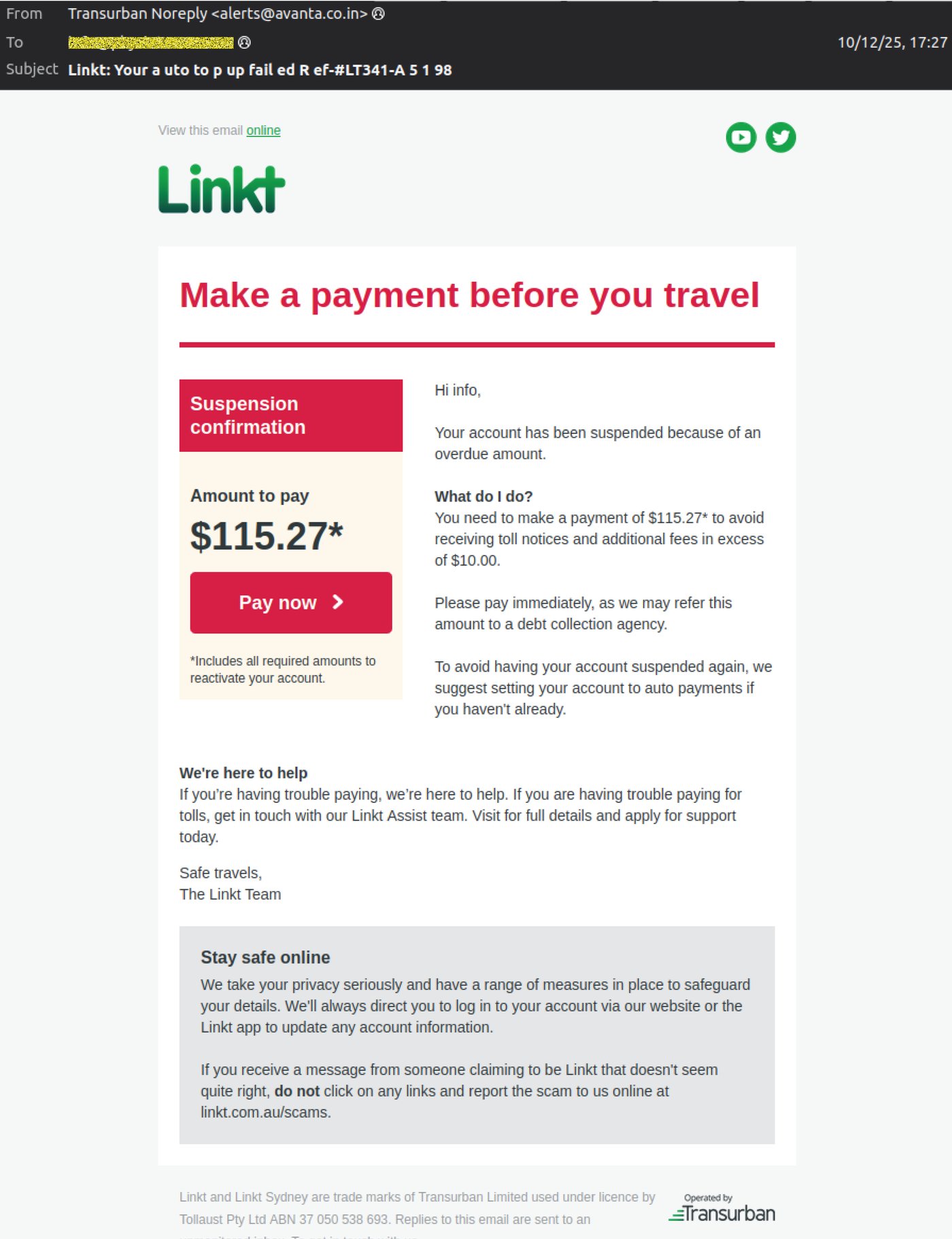 Linkt Scam Tricks Users with Fake Toll Payment Alerts