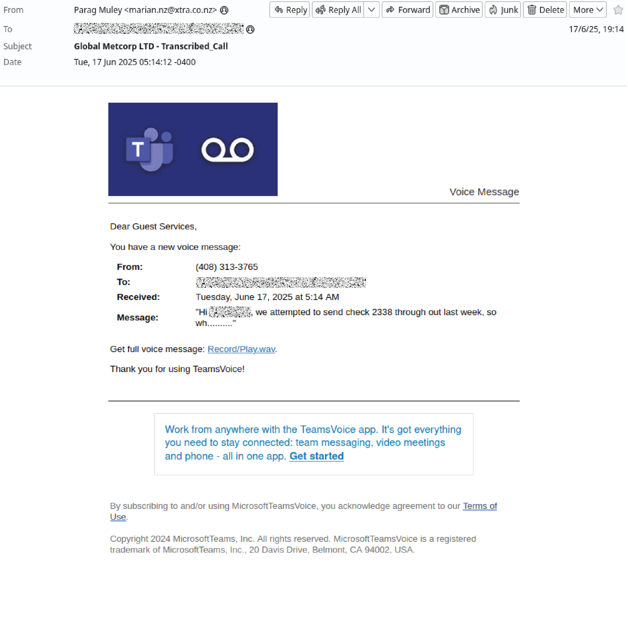 Microsoft Teams Voicemail Fake Redirects to Phishing Scam