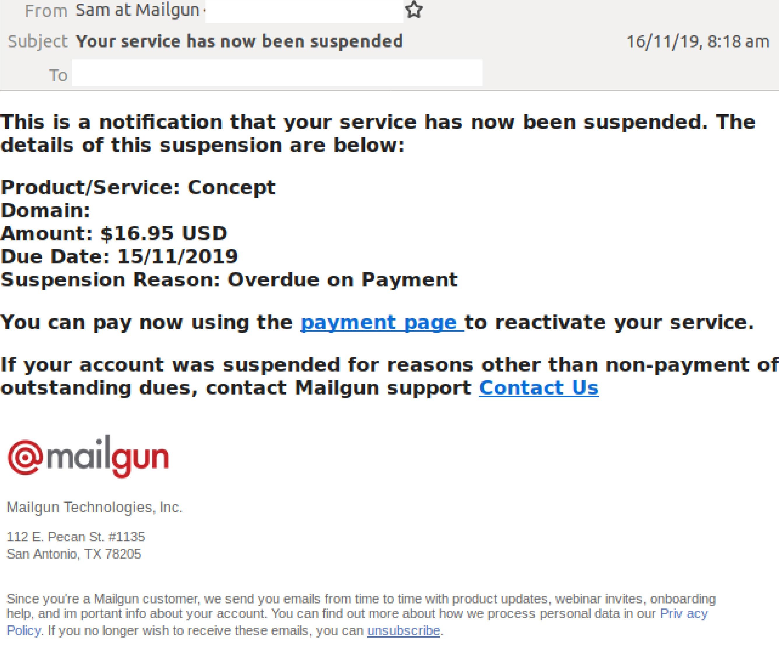 Phishing email scam purporting to be from Mailgun & SendGrid informs ...