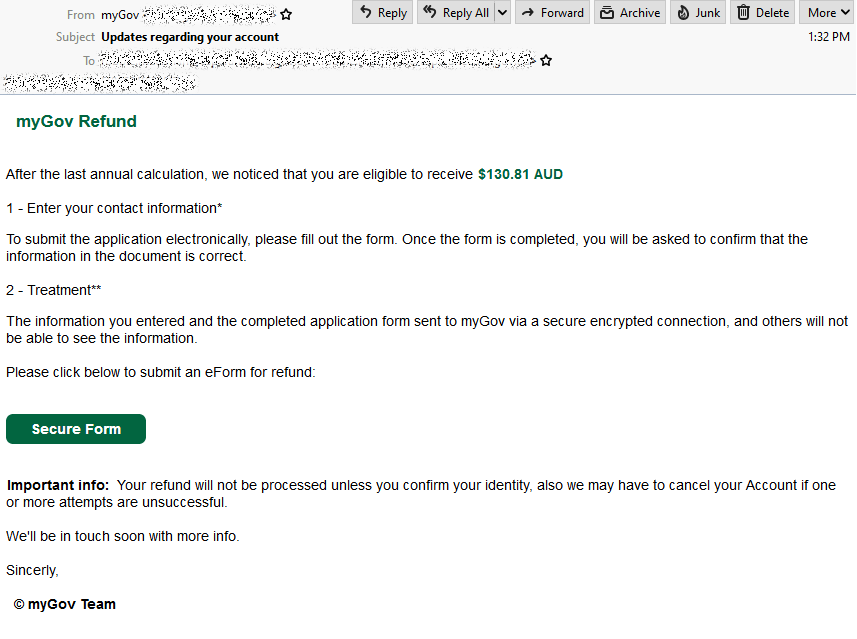 Scam Alert: Phishing email spoofing myGov claims users are eligible for ...