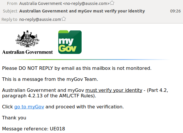 Phishing email purporting to be from MyGov aims to steal personal data