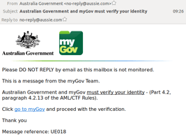Phishing email purporting to be from MyGov aims to steal personal data
