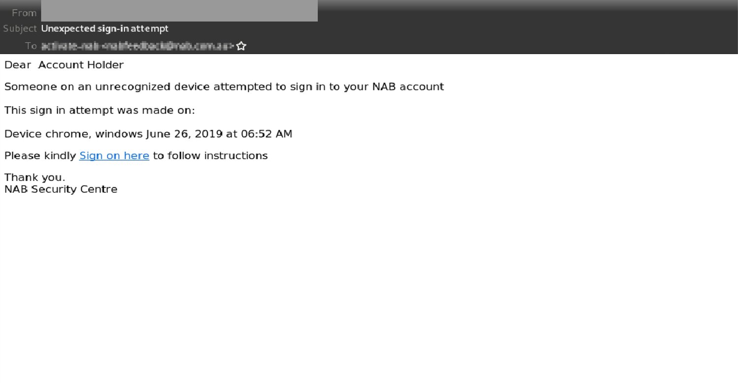 Phishing email spoofing NAB informs users of supposed ‘unexpected sign ...