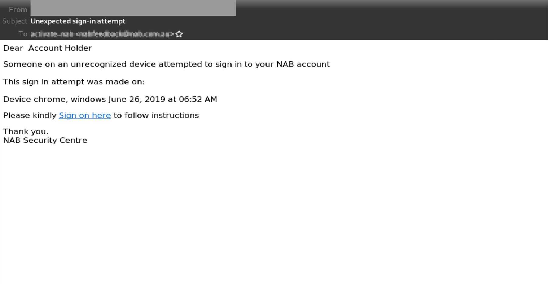 Phishing email spoofing NAB informs users of supposed ‘unexpected sign ...