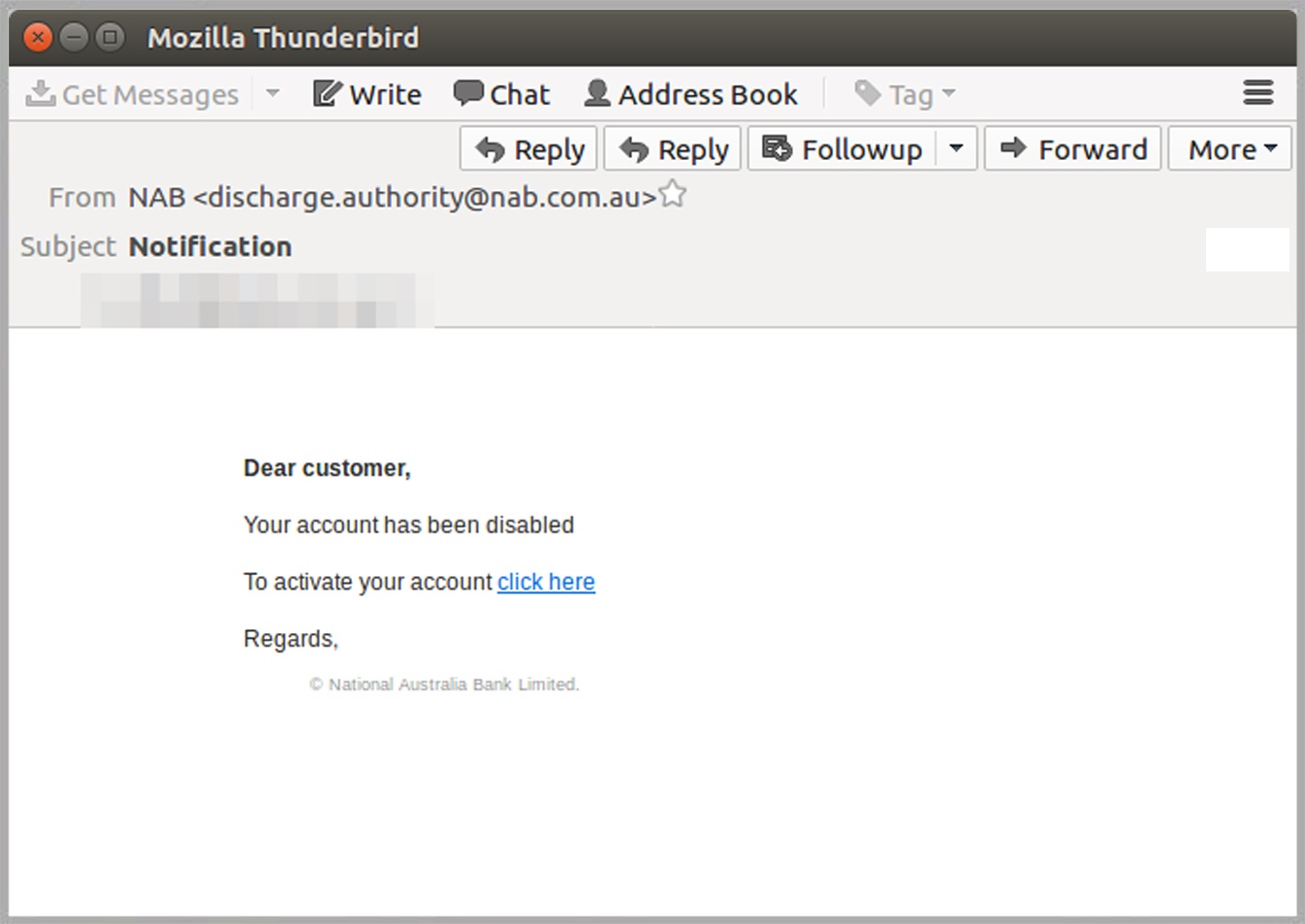 Delete: NAB phishing scam currently circulating