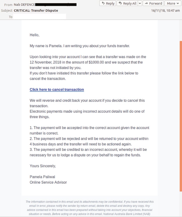 Email purports to be from NAB, delivers phishing attack