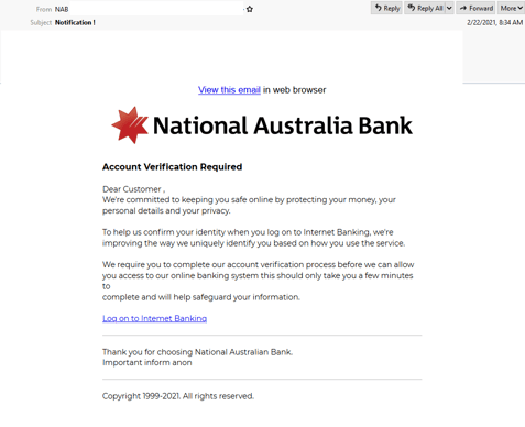 Warning: ‘Account verification’ email impersonating NAB delivers ...