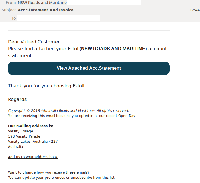 E-Toll Account statements are linking to malicious downloads
