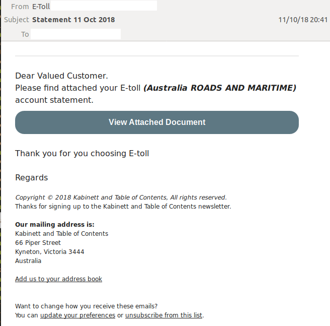 E-Toll Account statements are linking to malicious downloads