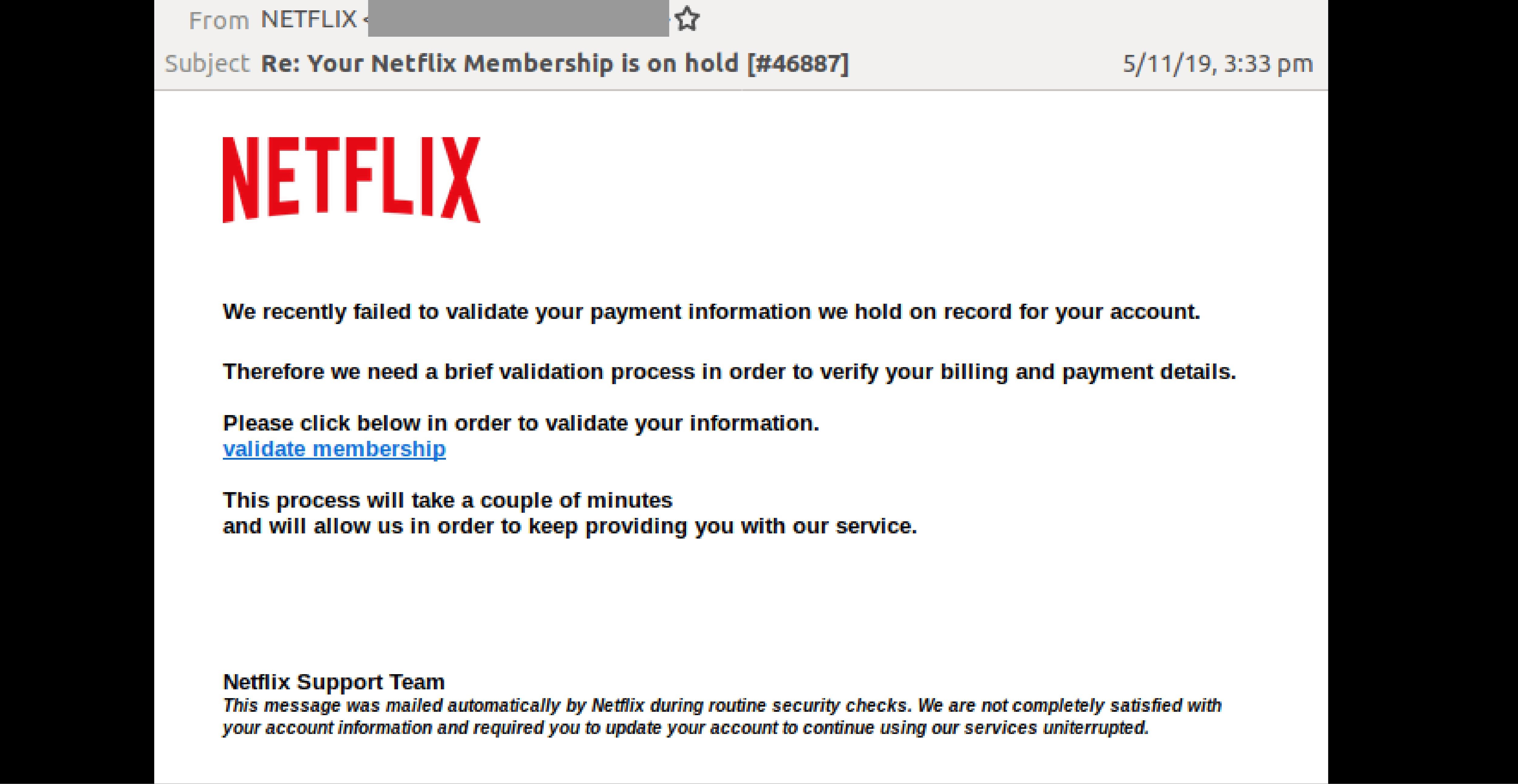 Phishing email scam spoofs Netflix again; claims accounts are on ‘hold’
