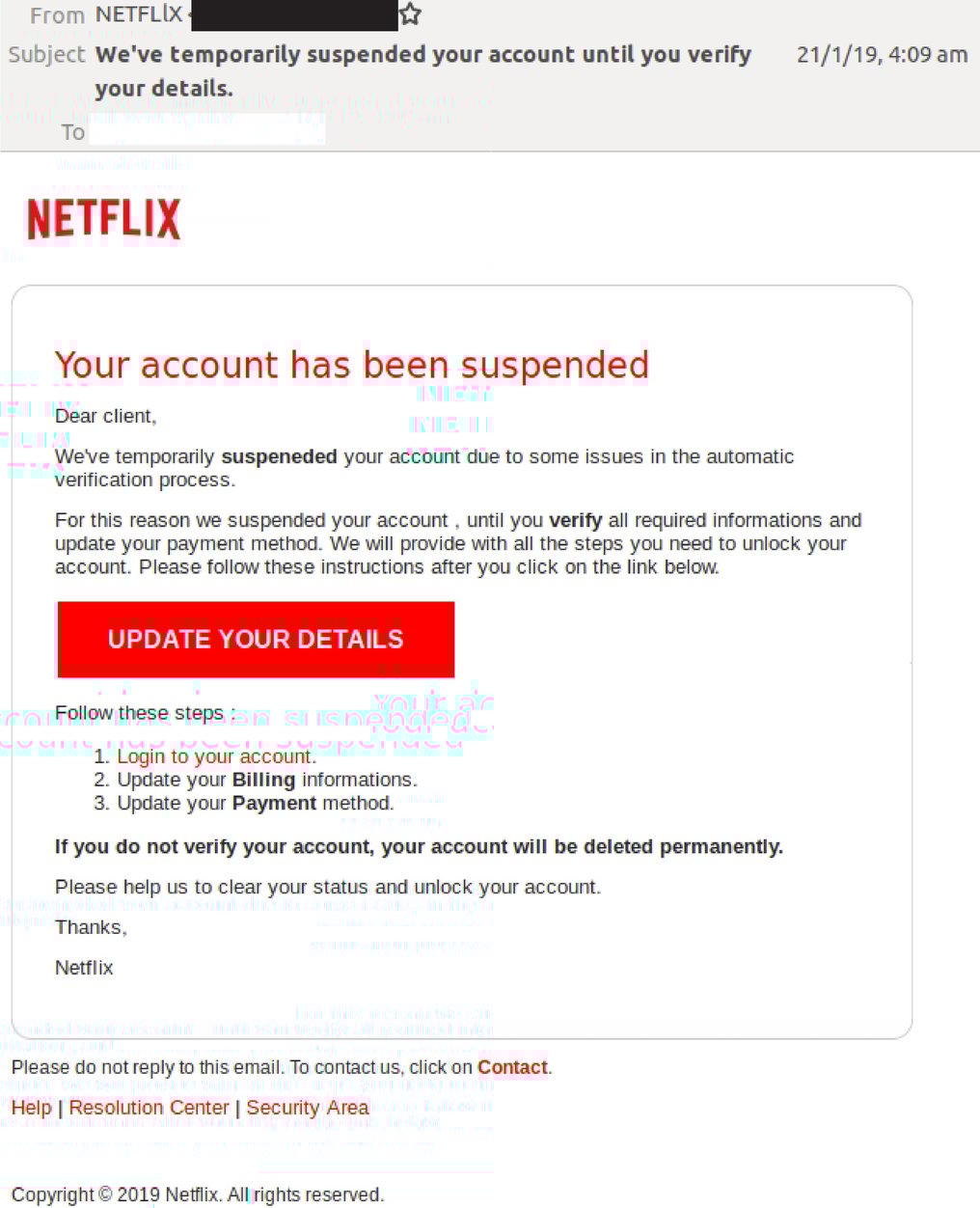 Malicious email purporting to be from ‘NETFLlX’ delivers phishing attack