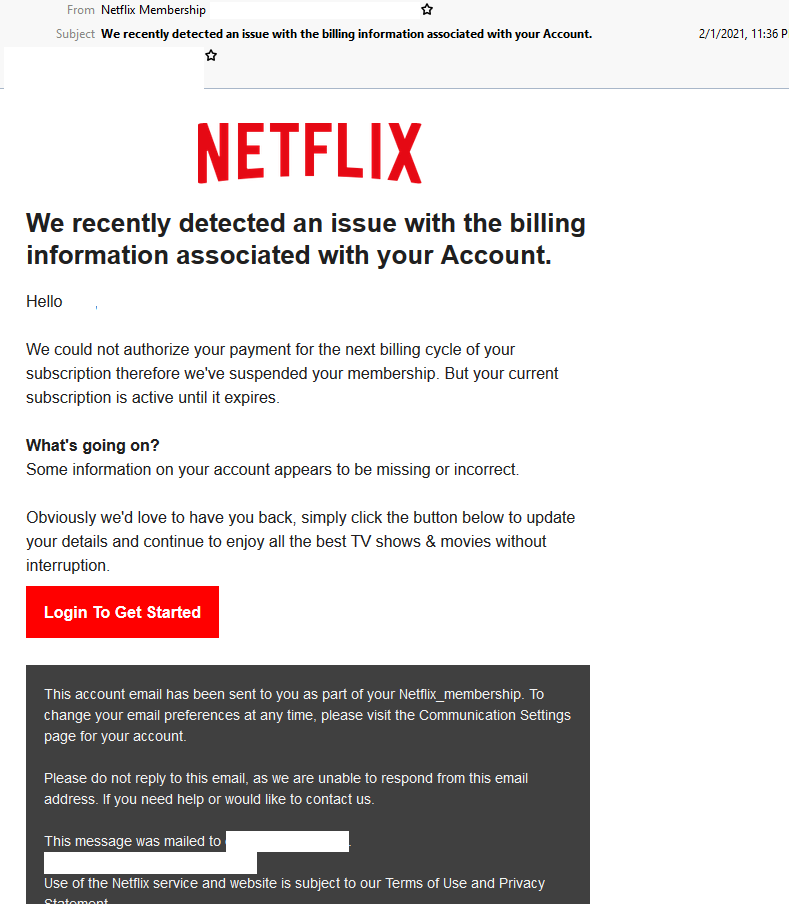 Another year, another Netflix email scam: Phishing email impersonating ...