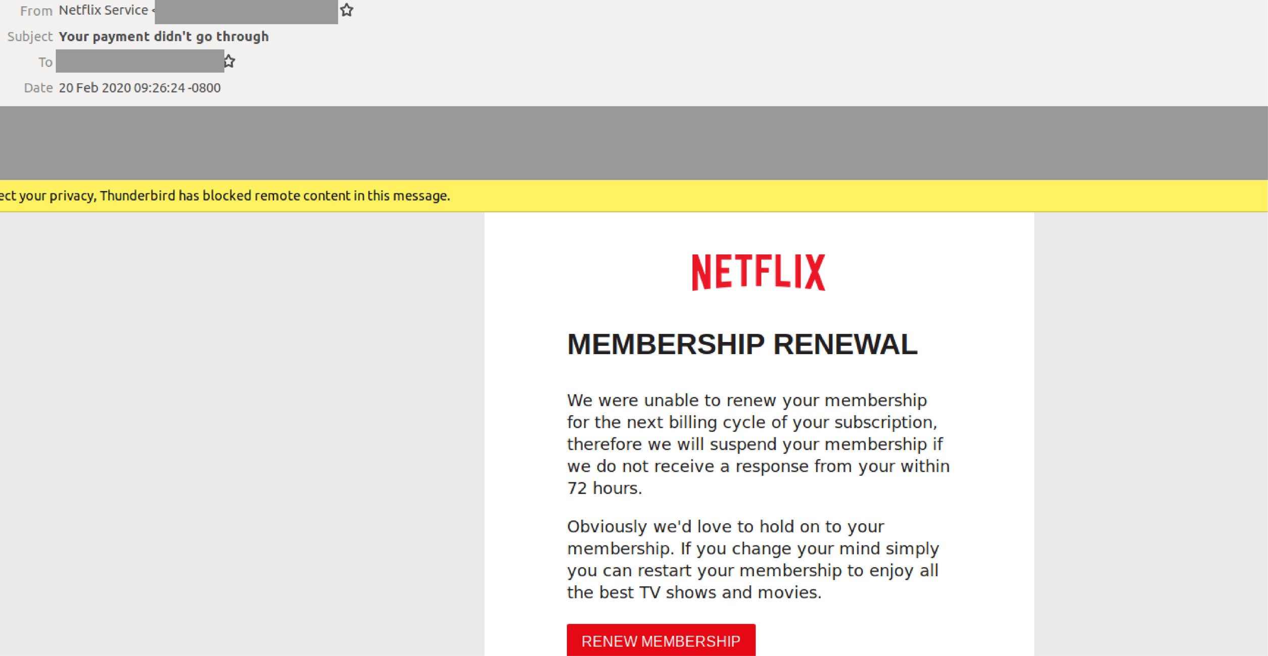 Phishing email scam spoofs Netflix again; threatens to suspend membership