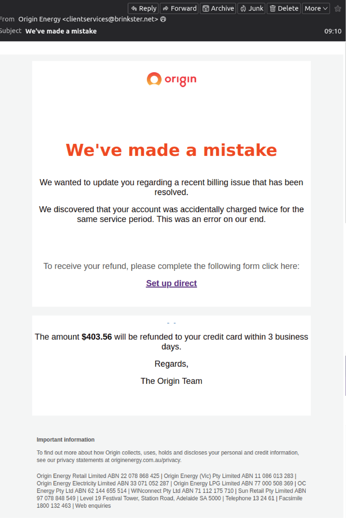 Origin Energy "Billing Mistake" Email A Con