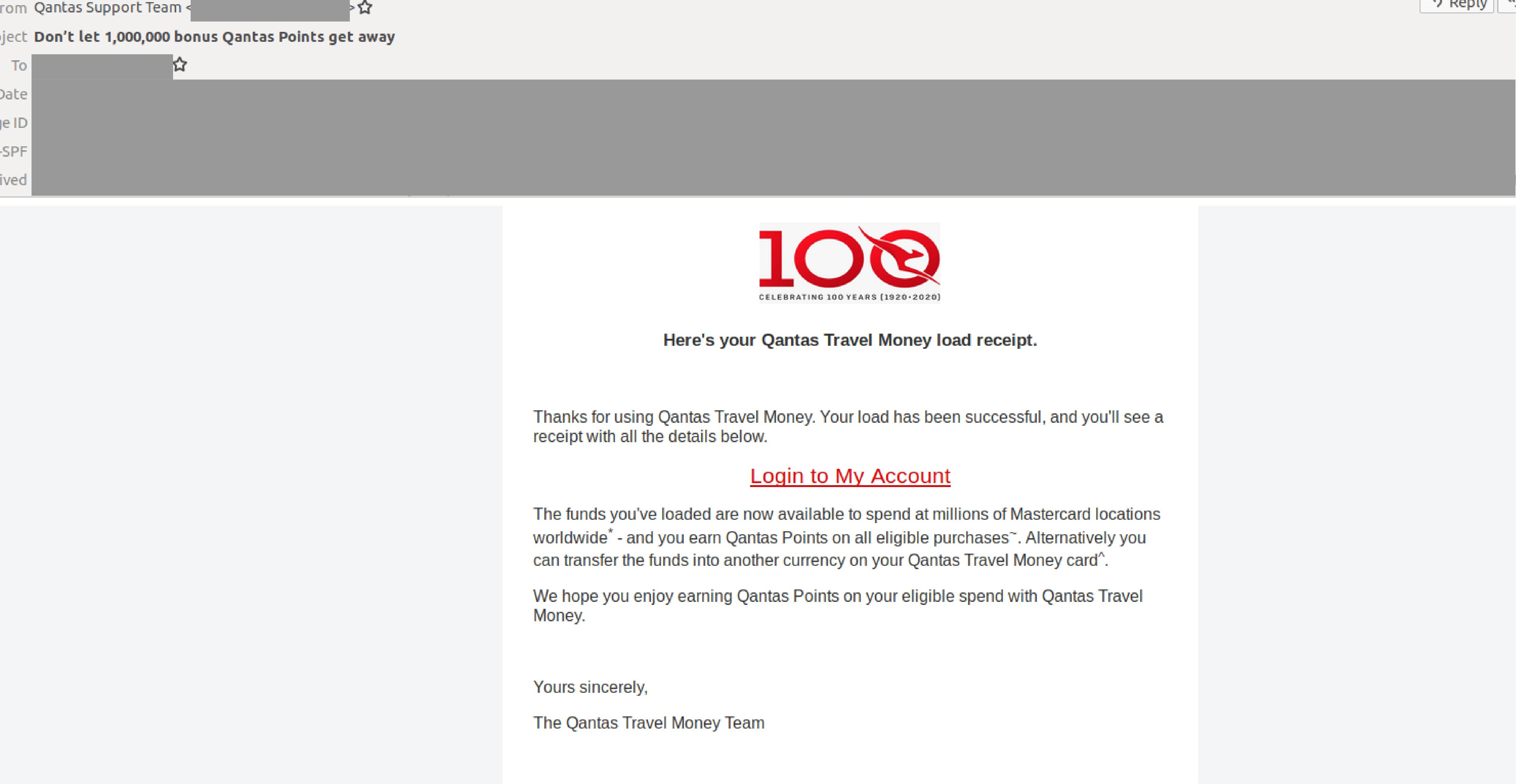 Phishing email claims to deliver ‘your Qantas Travel Money load receipt’