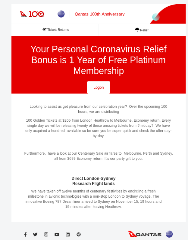 Phishing email spoofs Qantas; uses “Coronavirus Relief Bonus” to trick ...
