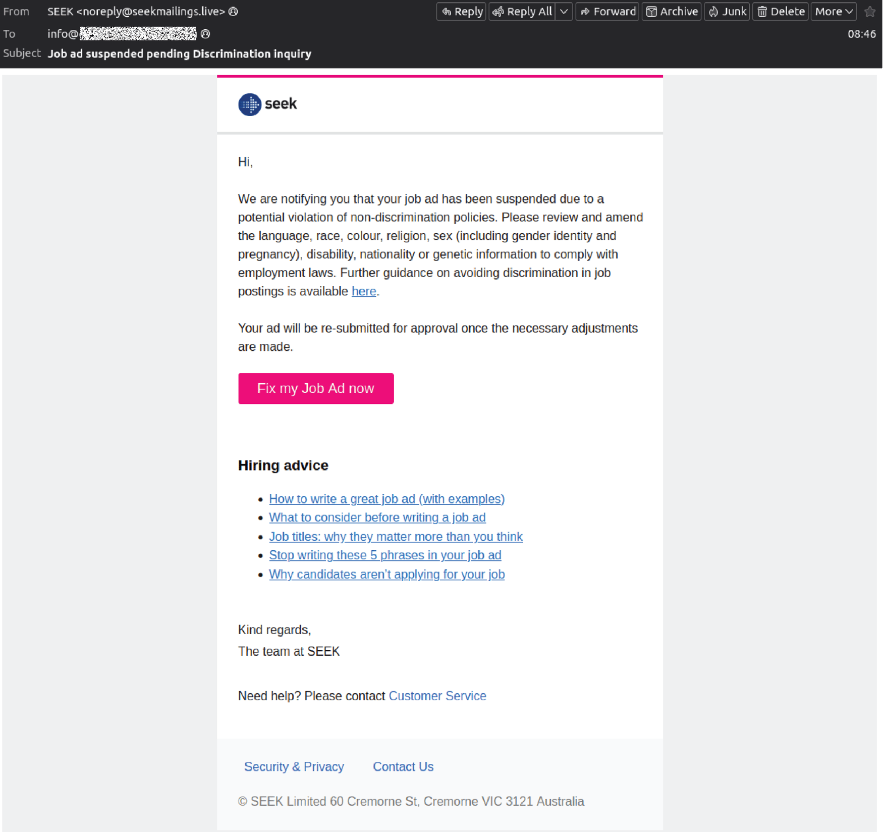Fake SEEK Job Ad Suspension Email Targets Employers