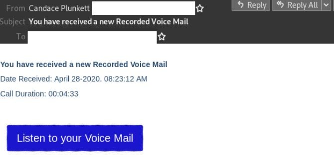 Email notifying users of a “new Recorded Voice Mail” leads to fake ...