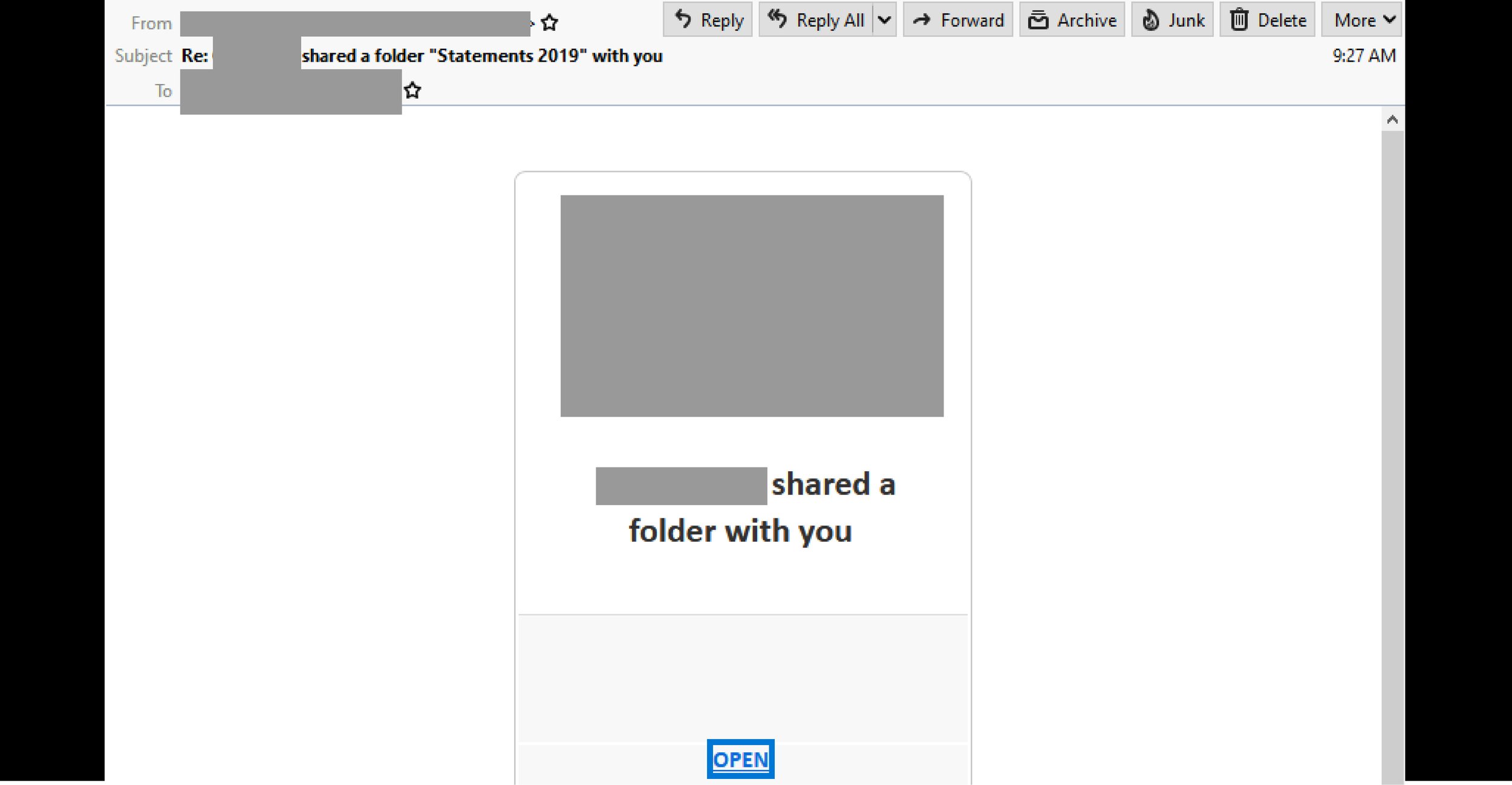 Scam alert: Email delivering shared “folder” includes phishing link